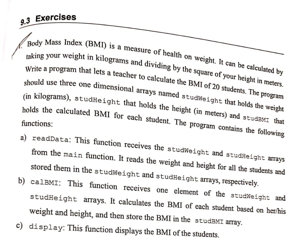 Solved 9.3 Exercises Body Mass Index (BMI) is a measure of | Chegg.com