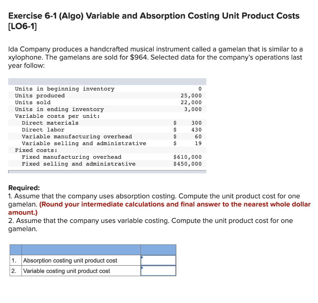 Solved Exercise 6-1 (Algo) Variable and Absorption Costing | Chegg.com
