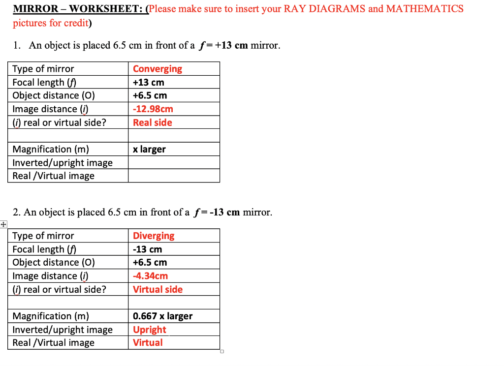 Solved MIRROR - WORKSHEET: (Please make sure to insert your | Chegg.com
