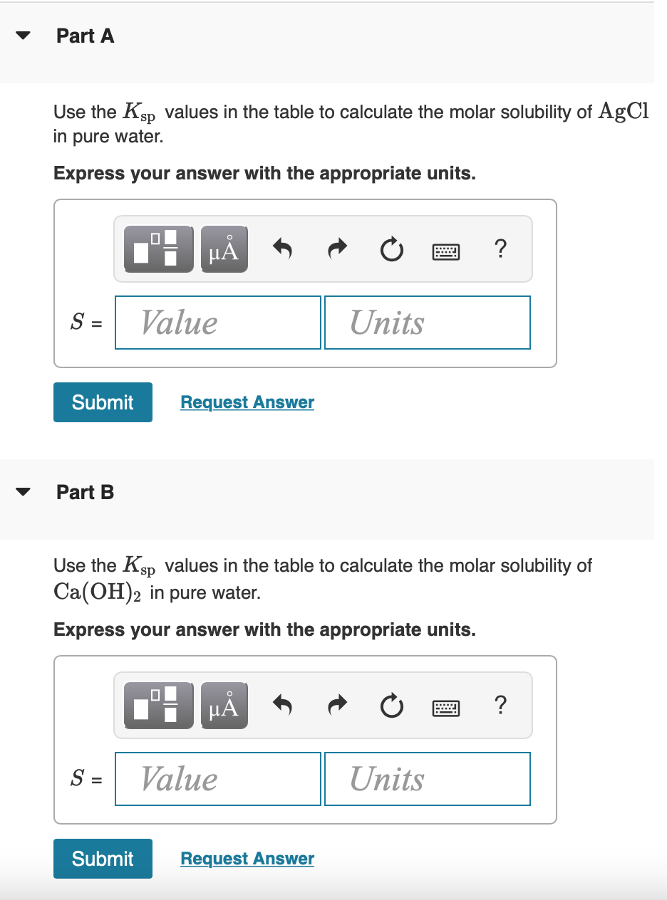 Solved Part A Use the Ksp values in the table to calculate | Chegg.com