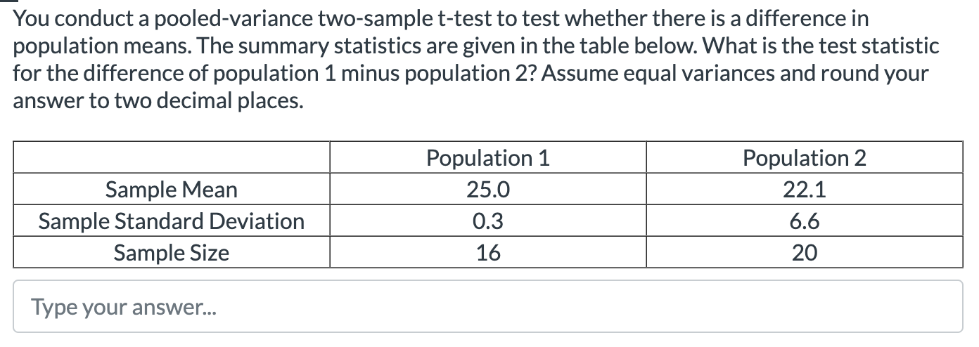 Solved You conduct a pooled-variance two-sample t-test to | Chegg.com