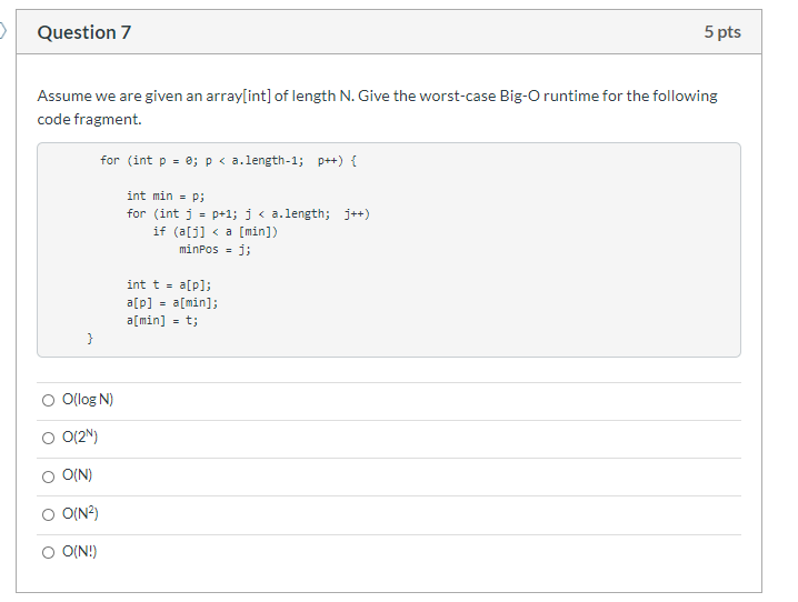 Solved Question 5 4 pts Give the worst-case big-O runtime | Chegg.com
