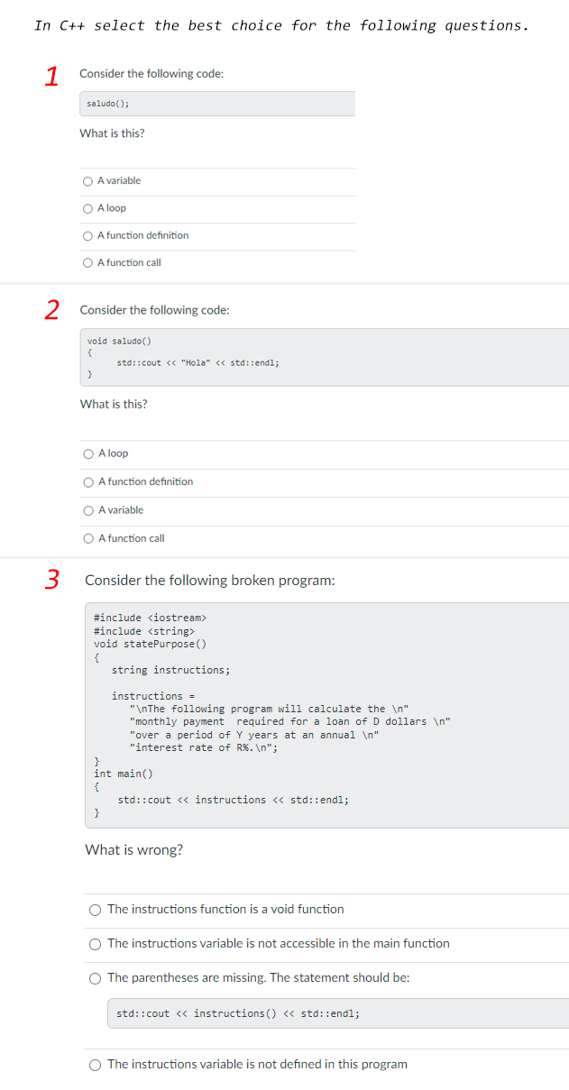 Solved In C++ select the best choice for the following | Chegg.com