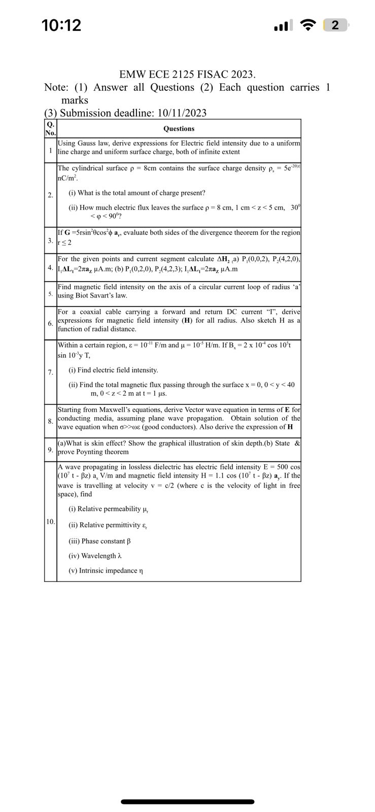 Solved EMW ECE 2125 FISAC 2023. Note: (1) Answer all | Chegg.com