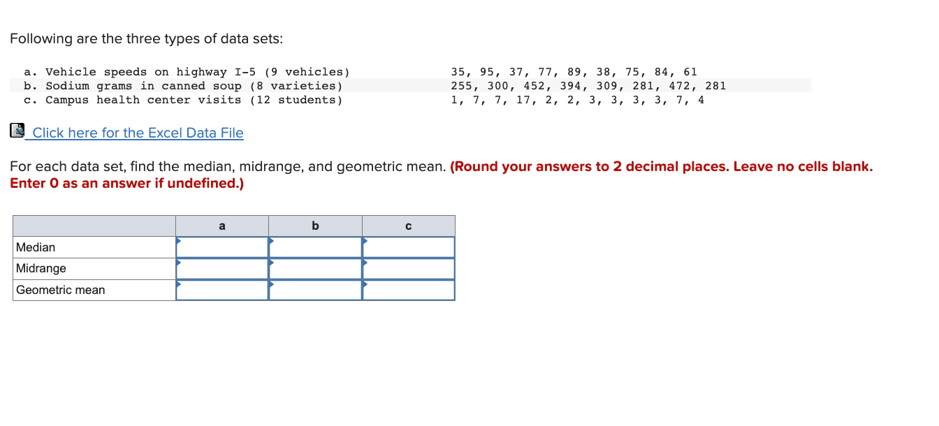 Solved For each data set, find the median, midrange, and | Chegg.com