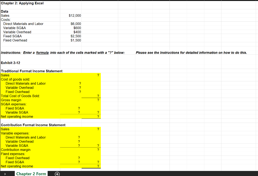 Solved Chapter 2: Applying Excel Data Sales $12,000 Costs: | Chegg.com