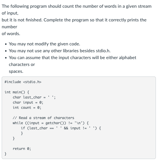 Solved The following program should count the number of | Chegg.com