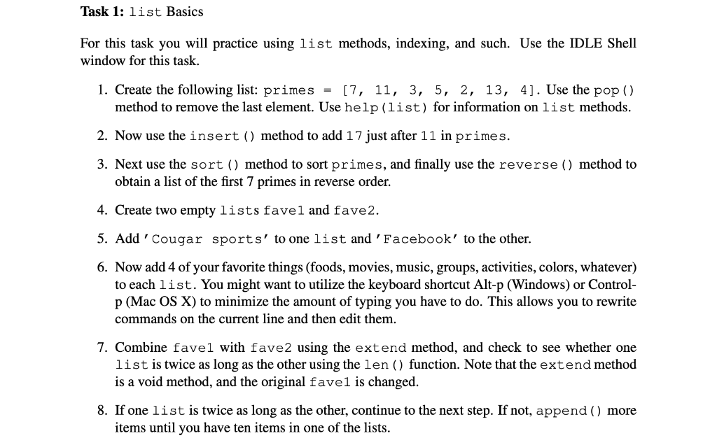 Solved Task 1: list Basics For this task you will practice | Chegg.com