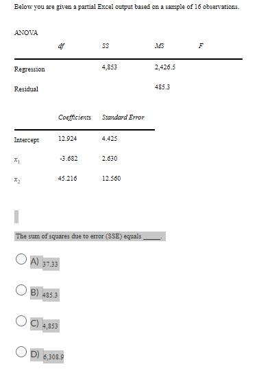 Solved Below you are given a partial Excel output based on a | Chegg.com