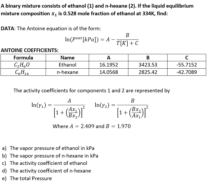 Solved A binary mixture consists of ethanol (1) and n-hexane | Chegg.com