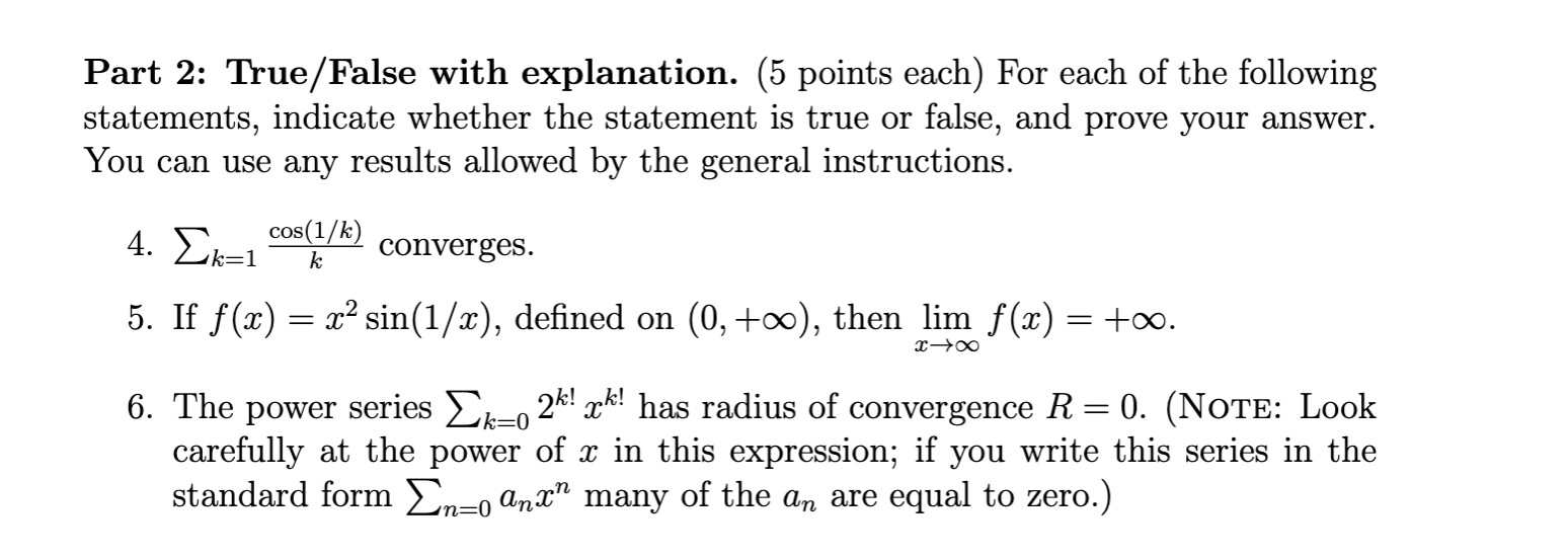 Solved Part 2: True/False with explanation. (5 points each) | Chegg.com