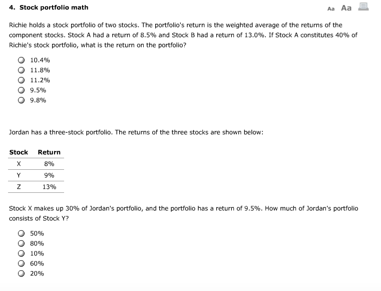 Solved 4. Stock portfolio math Aa Aa Richie holds a stock | Chegg.com