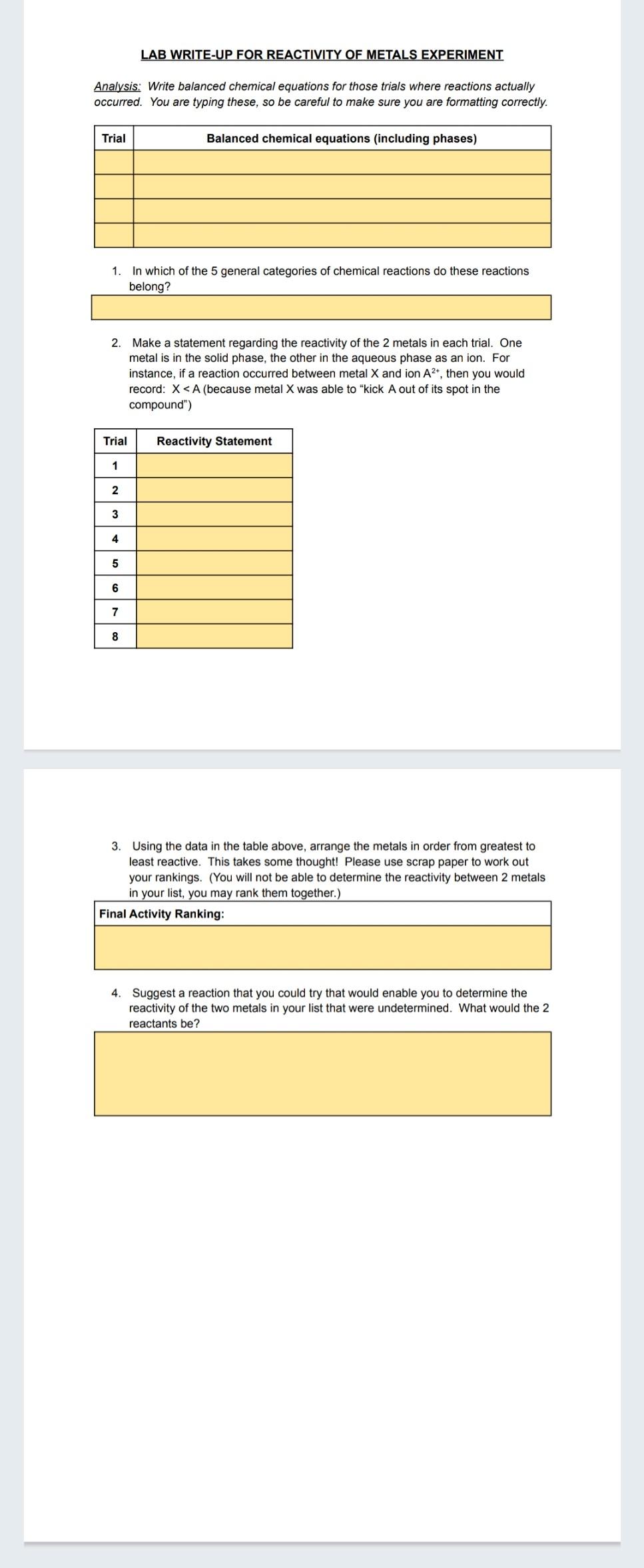 Solved Reactivity of Metals Lab Directions | Chegg.com