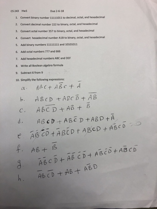 Solved CS 243 Hw1 Due 2-6-18 1. Convert binary number | Chegg.com