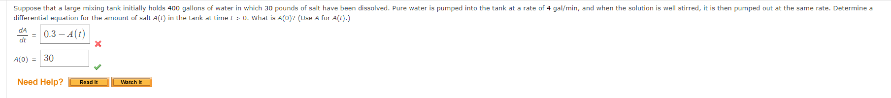Solved differential equation for the amount of salt A(t) in | Chegg.com