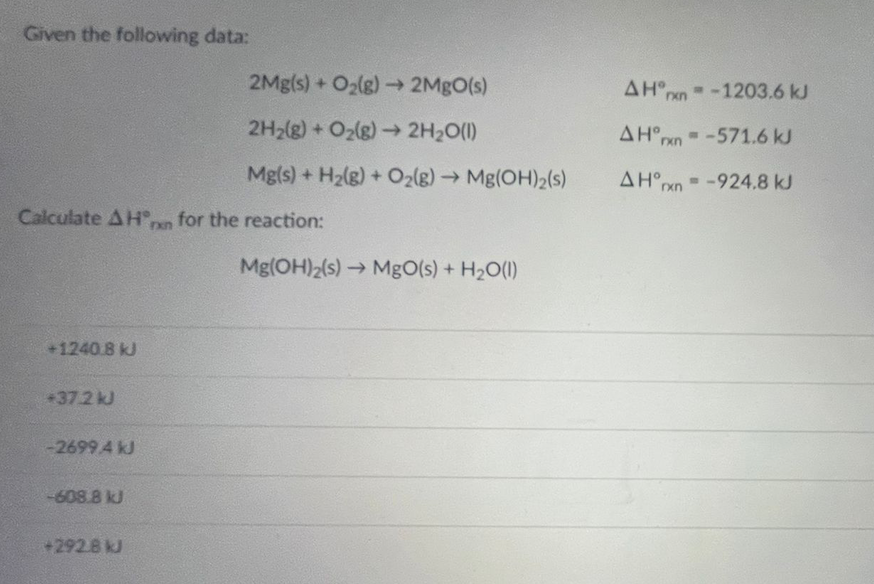 Solved Given the following data: 2Mg(s) + O2(g) → 2MgO(s) | Chegg.com