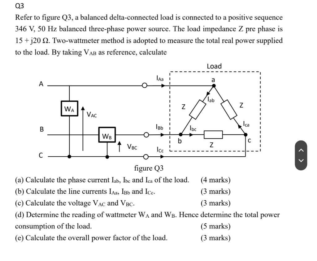 Solved Refer to figure Q3, a balanced delta-connected load | Chegg.com