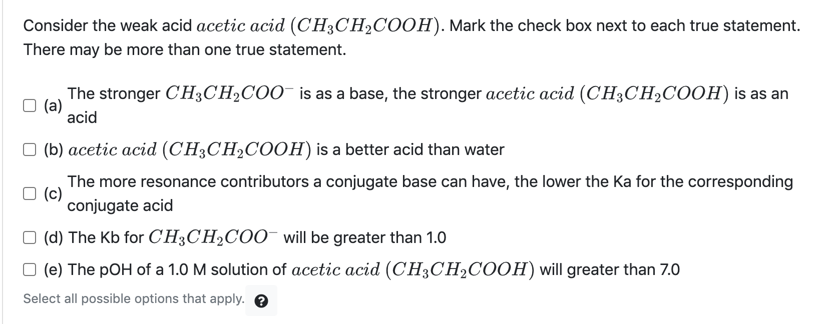 Solved Consider the weak acid acetic acid (CH3CH2COOH). Mark | Chegg.com