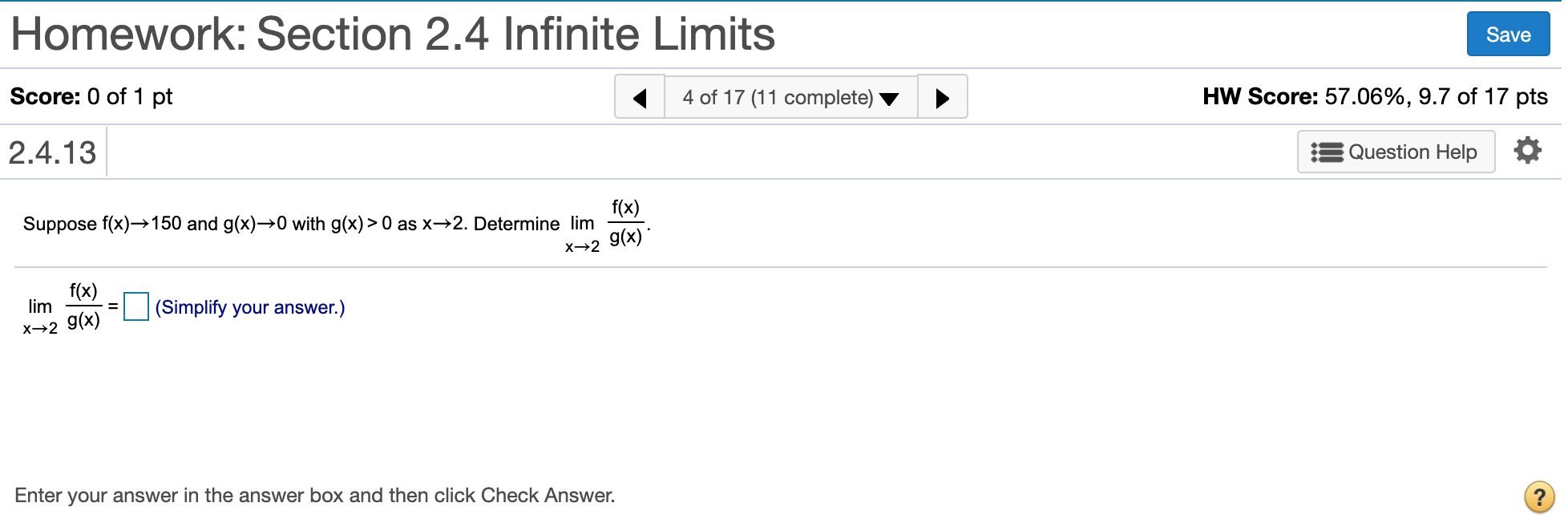 Solved Homework Section 2 4 Infinite Limits Save Score 0
