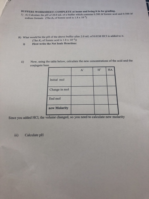 Solved BUFFERS WORKSHEET: COMPLETE at home and bring it in | Chegg.com