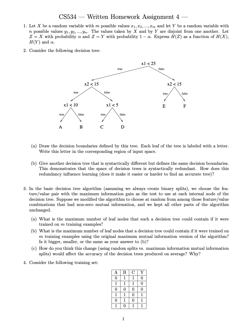 CS534 — Written Homework Assignment 4 – 1. Let X be a | Chegg.com