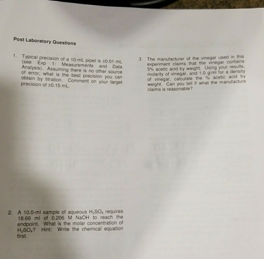 Post Laboratory Questions 1. Typical precision of a | Chegg.com