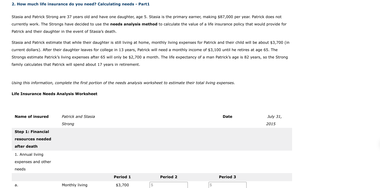 Solved Life Insurance Needs Analysis Worksheet Name of | Chegg.com