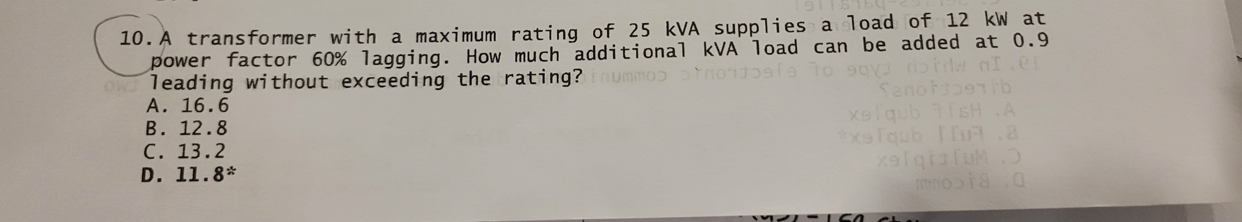 Solved 10. A transformer with a maximum rating of \\( 25 | Chegg.com