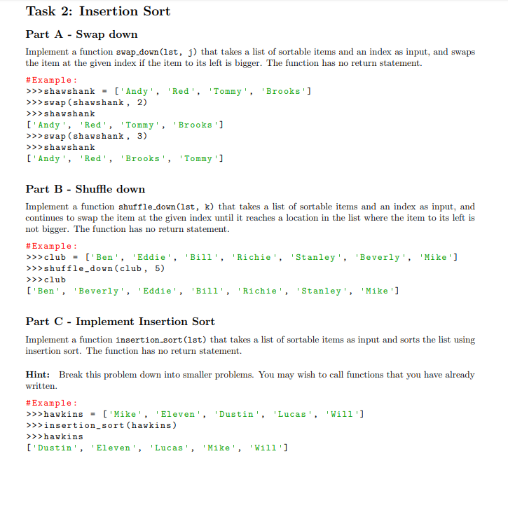 Solved Task 2 Insertion Sort Part A Swap Down Implement A