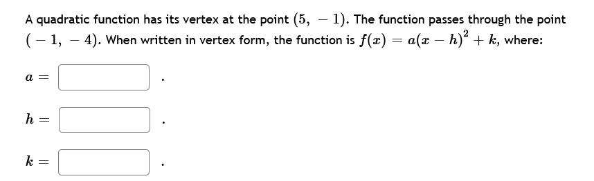 Solved A quadratic function has its vertex at the point | Chegg.com