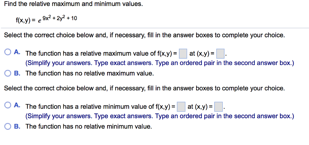 Solved Find the relative maximum and minimum values f(x.y)- | Chegg.com