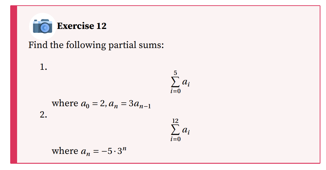 Solved Find the following partial sums: 1. ∑i=05ai where | Chegg.com