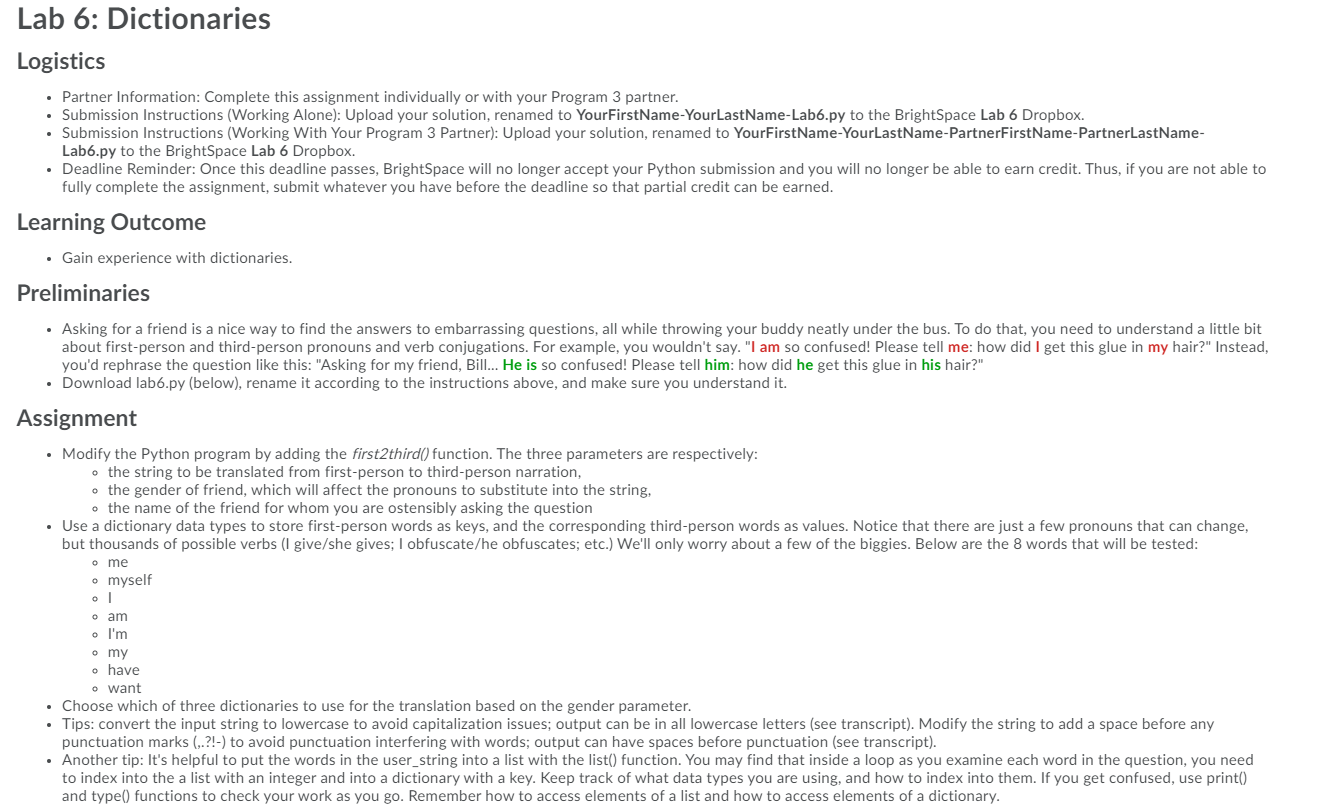 Lab 6: Dictionaries Logistics • Partner Information: | Chegg.com