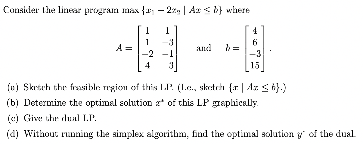 Solved Consider the linear program max {x1 – 2x2 | Ax