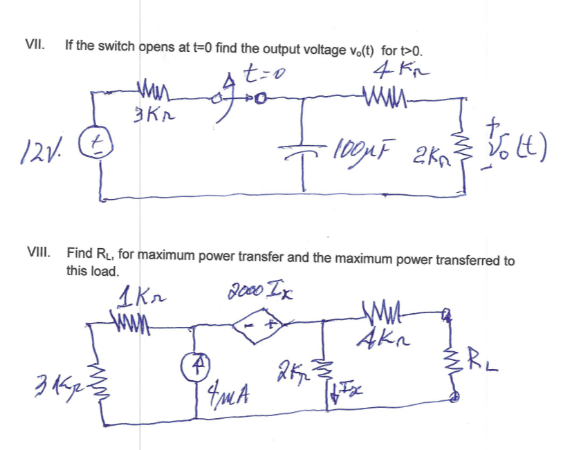Solved VII. If the switch opens at t=0 find the output | Chegg.com