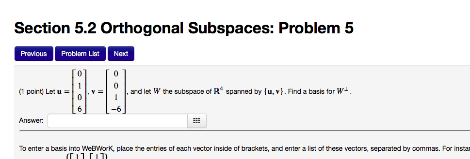 Solved Section 5.2 Orthogonal Subspaces: Problem 5 Previous | Chegg.com