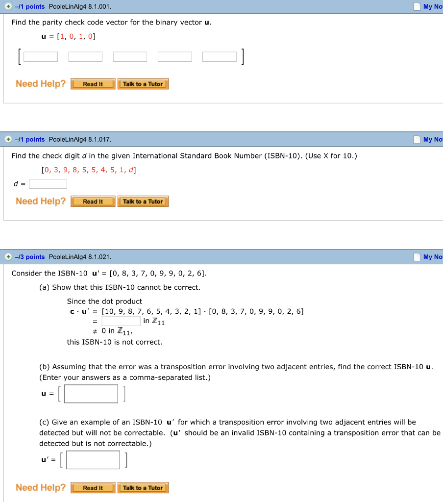 Solved -/1 points PooleLinAlg4 8.1.001 My No Find the parity | Chegg.com