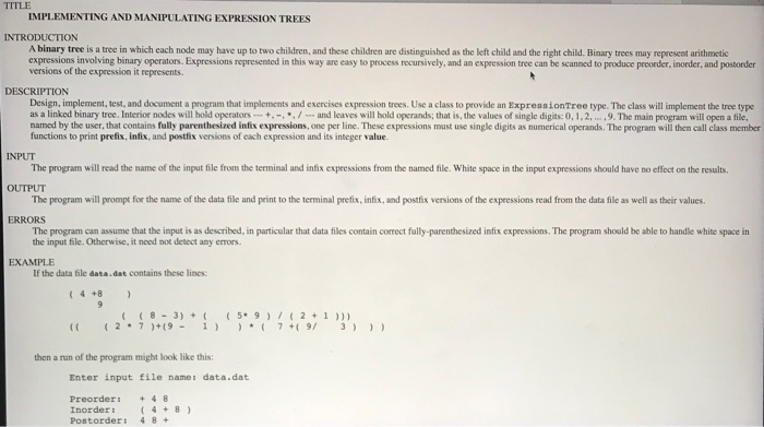 TITLE IMPLEMENTING AND MANIPULATING EXPRESSION TREES | Chegg.com