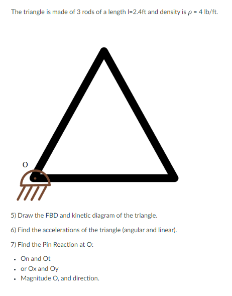 Solved The triangle is made of 3 ﻿rods of a length l=2.4ft | Chegg.com