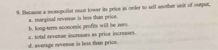 Solved Because a monopolist must lower its price in order to | Chegg.com