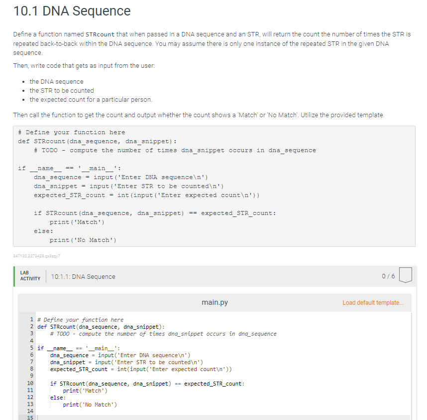 Solved 10.1 DNA Sequence Define a function named STRcount | Chegg.com