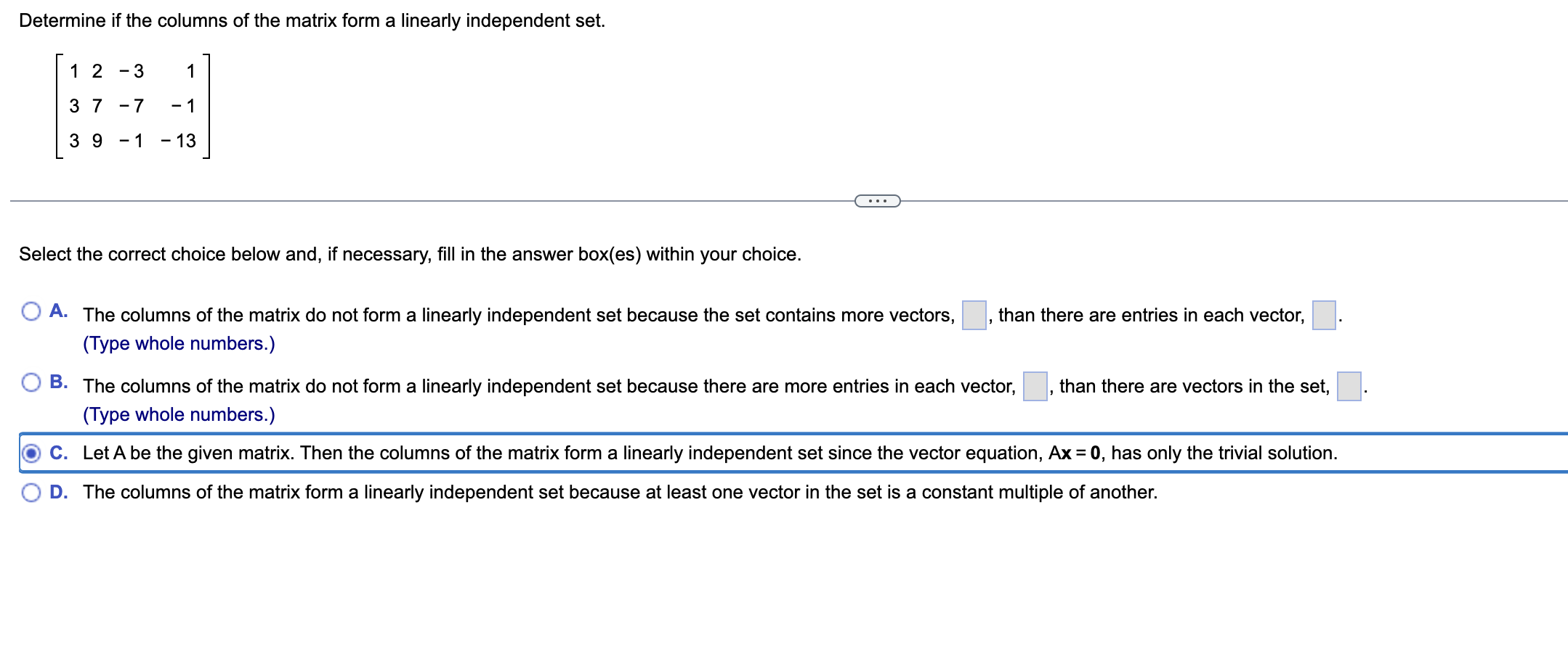 Solved Determine if the columns of the matrix form a | Chegg.com