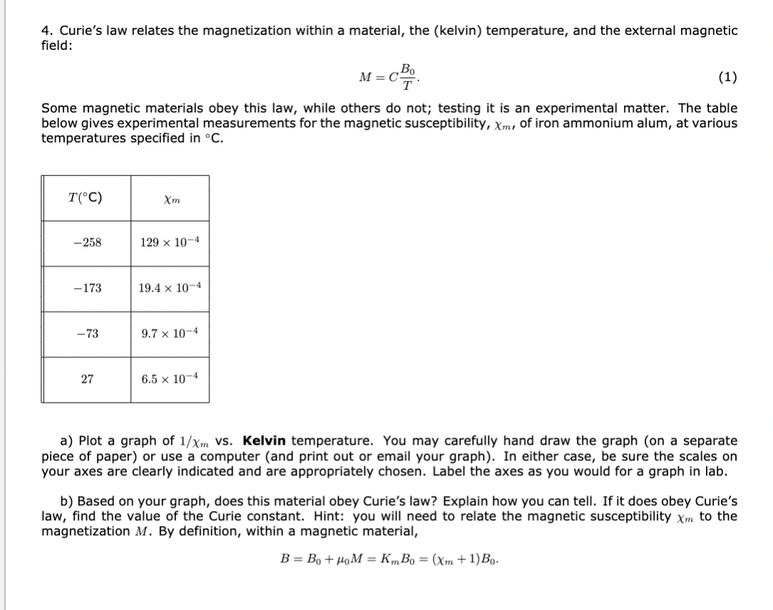 Solved 4. Curie's law relates the magnetization within a | Chegg.com