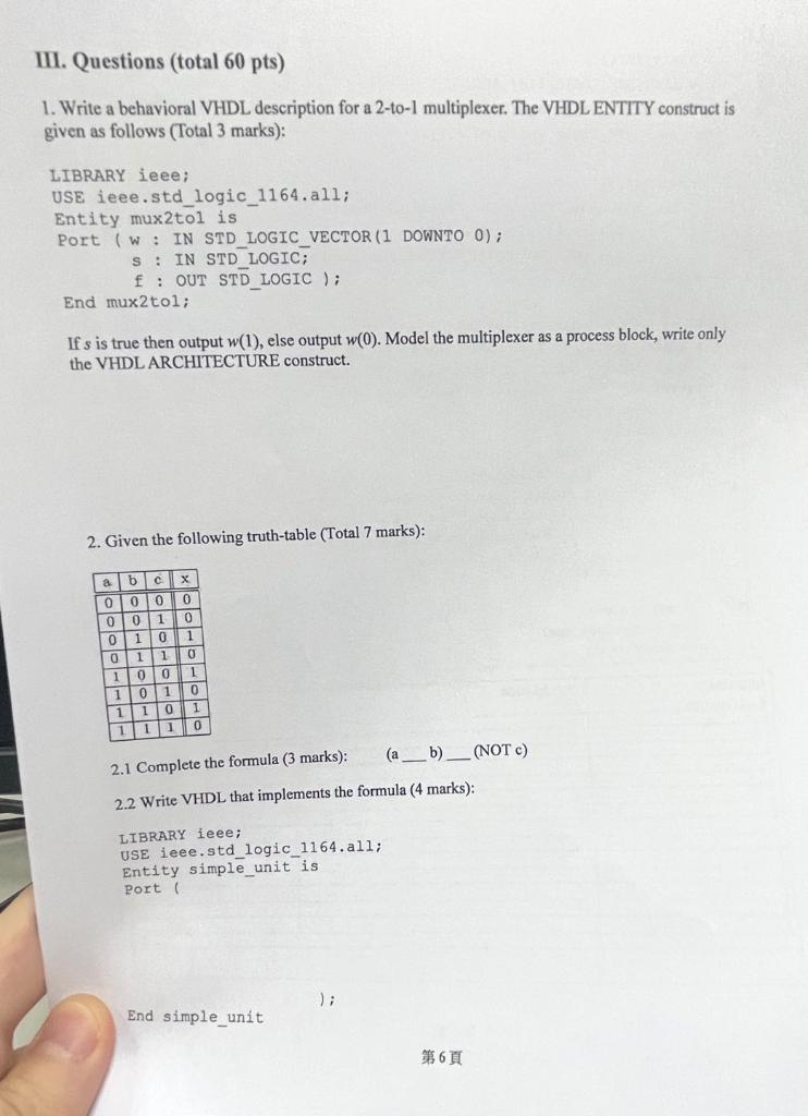 Solved III. Questions (total 60 pts) 1. Write a behavioral | Chegg.com