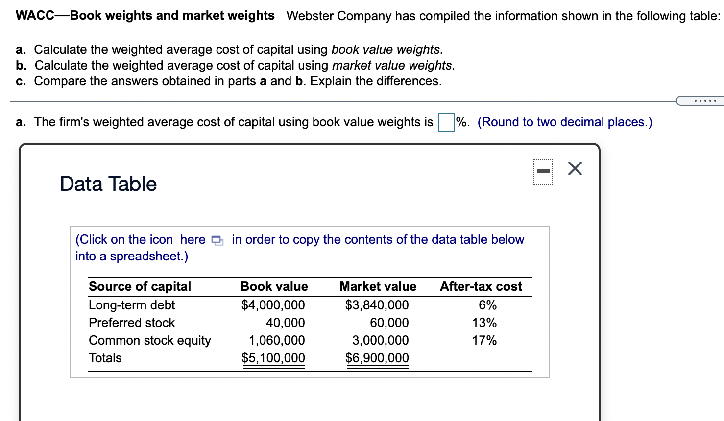 Solved WACC—Book weights and market weights Webster Company | Chegg.com