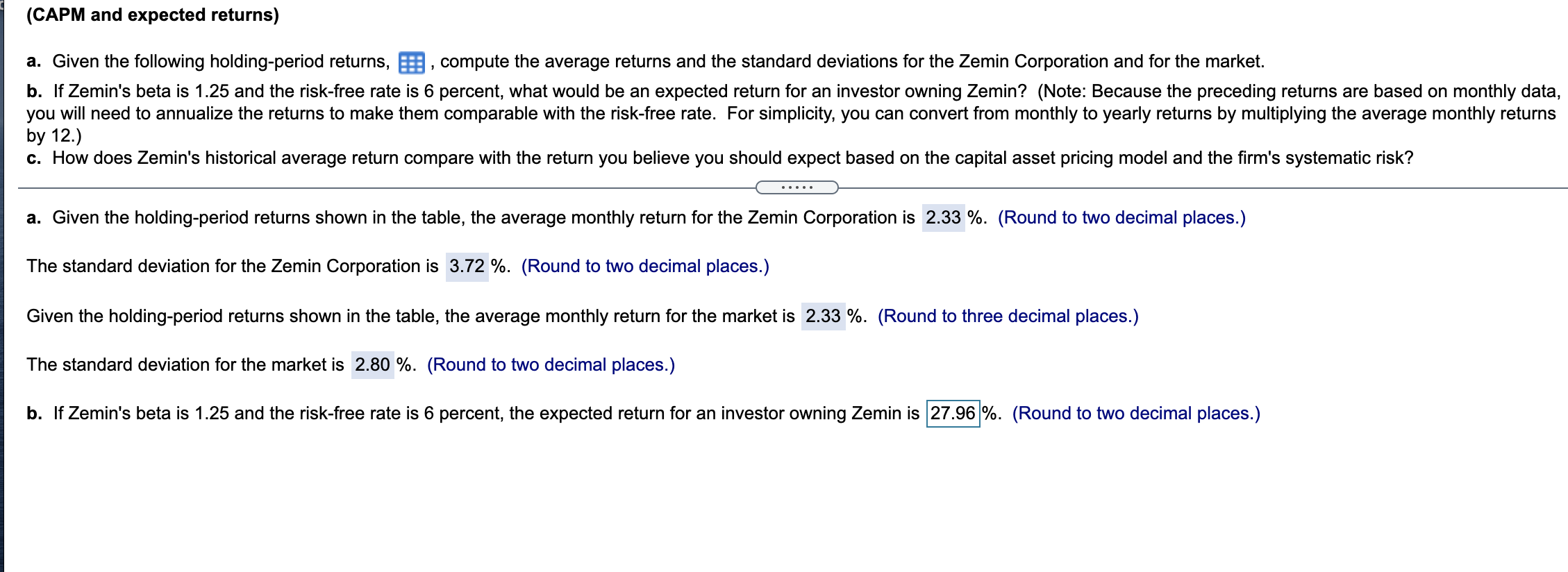 Solved (CAPM and expected returns) a. Given the following | Chegg.com