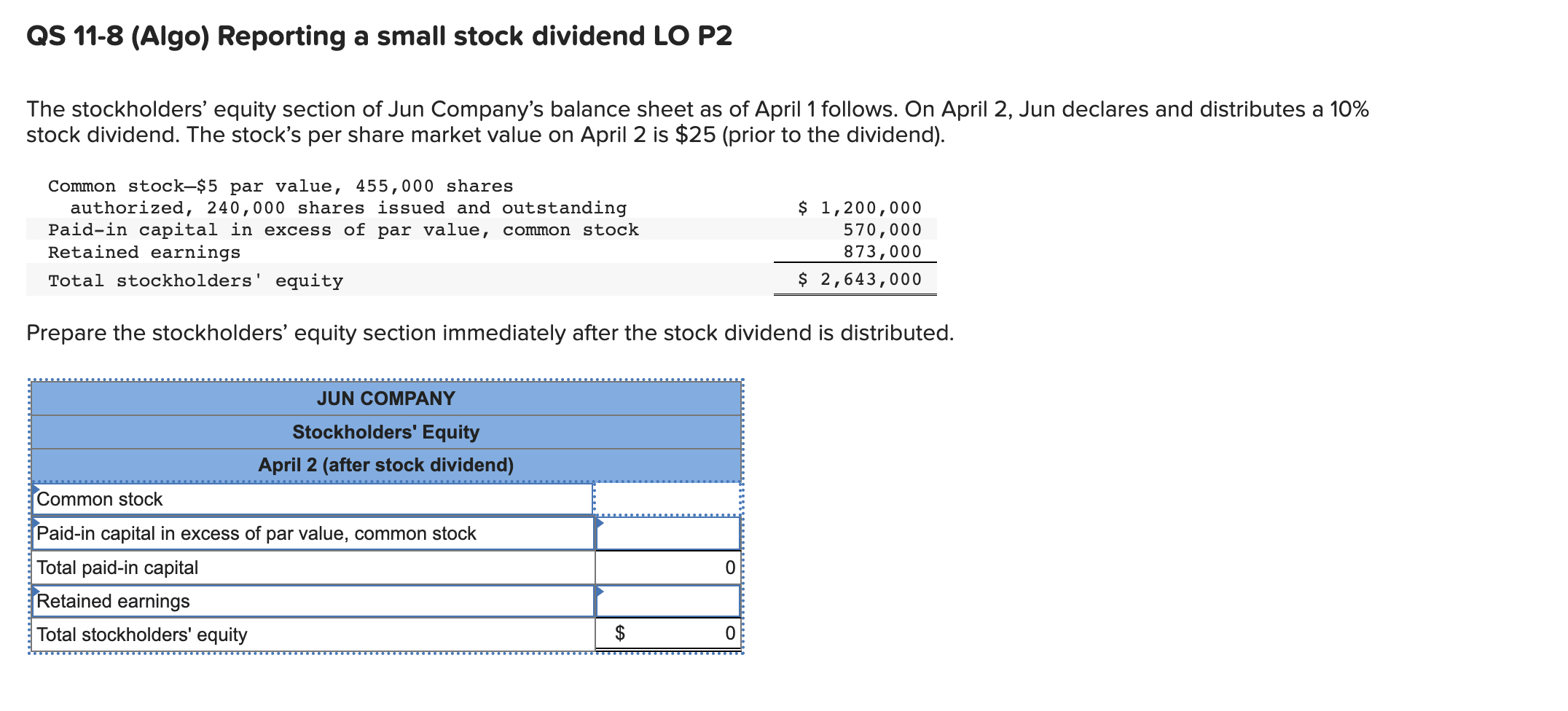 Solved QS 11-8 (Algo) Reporting a small stock dividend LO P2 | Chegg.com