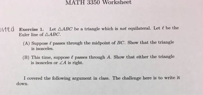 Solved MATH 3350 Worksheet yt d Exercise 1. Euler line of | Chegg.com