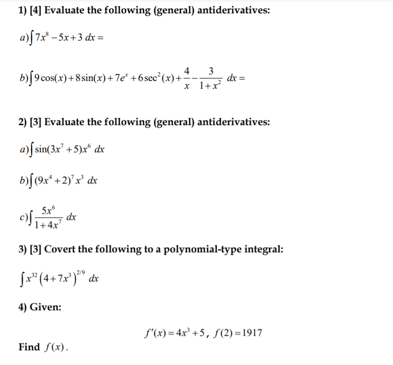 Solved 1) [4] Evaluate the following (general) | Chegg.com