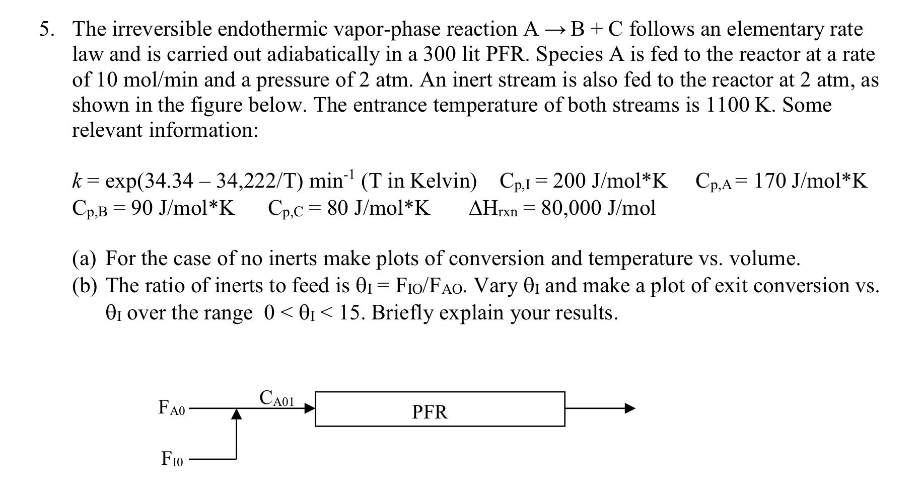 5. The irreversible endothermic vapor-phase reaction | Chegg.com